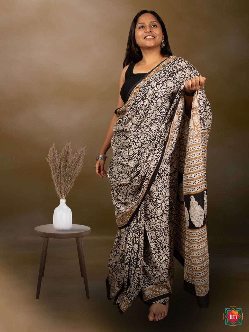 Black Bagru Mul Cotton Saree – Flourish