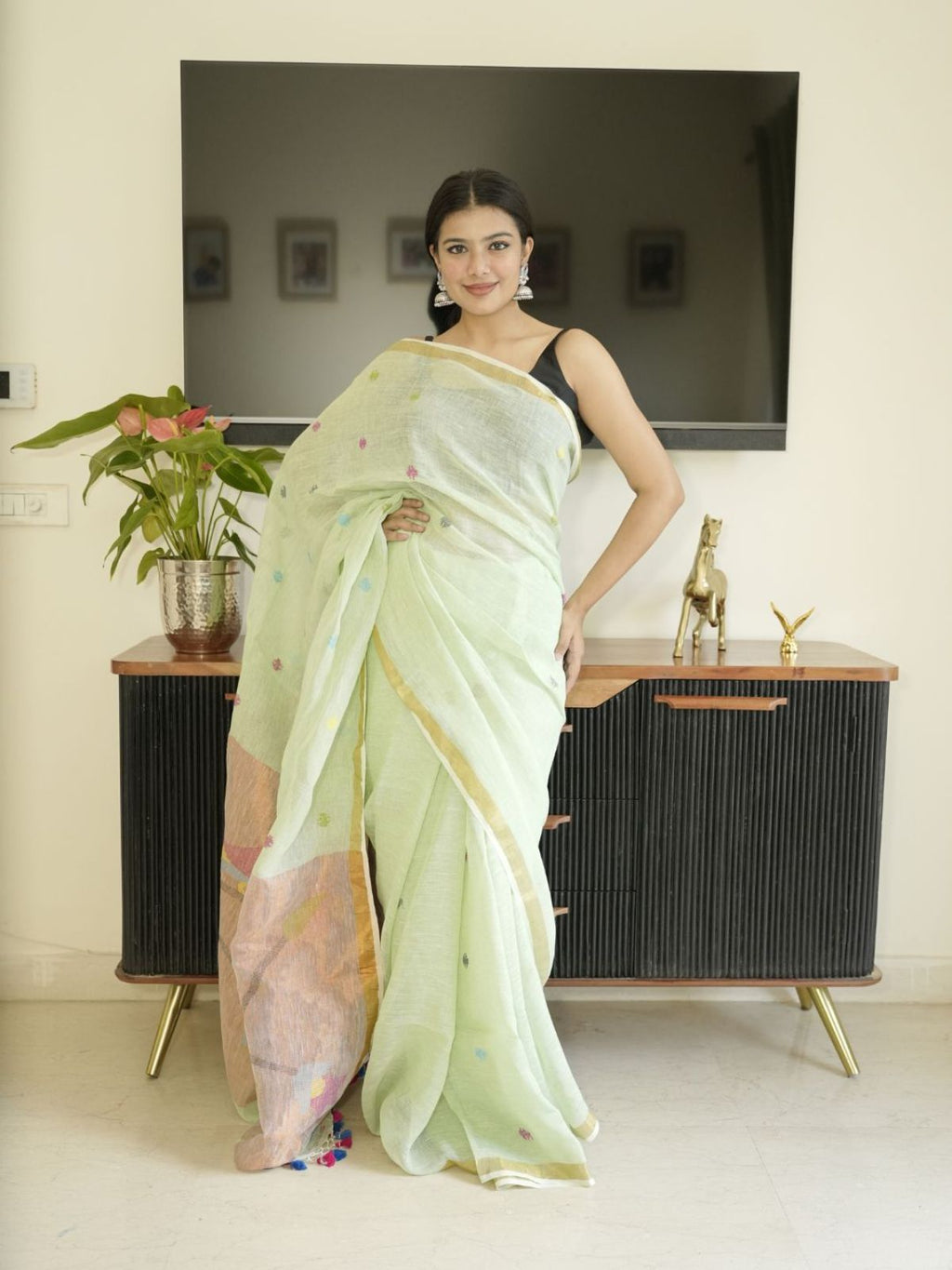 Green Paithani Linen Saree with Hand Embroidery |Flourish