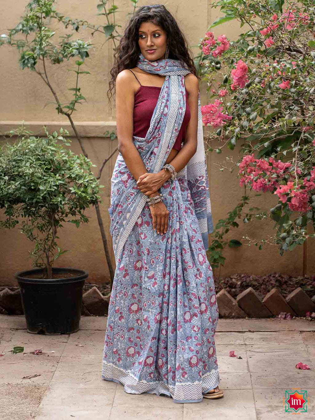 Best Sky Blue Bagru Mul Cotton Saree – Flourish