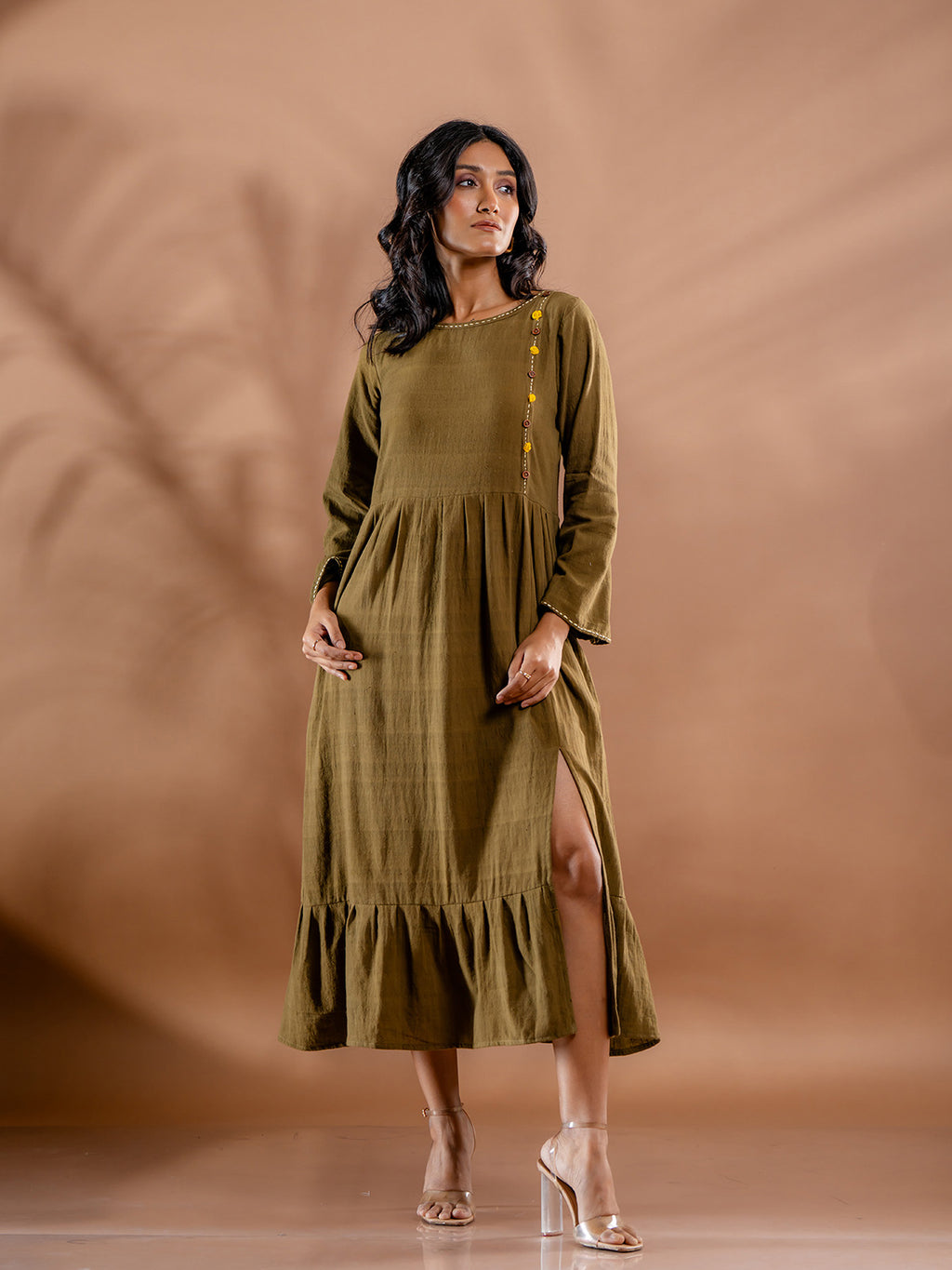 Aranya Olive Embroidered Kala Cotton Dress – Flourish