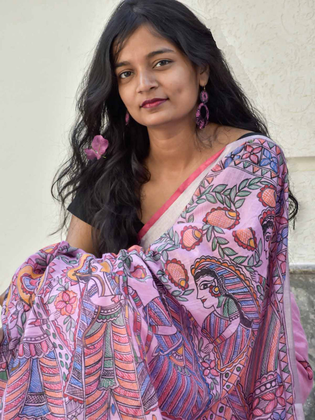 Pink Linen Madhubani Saree - Diorama – Flourish