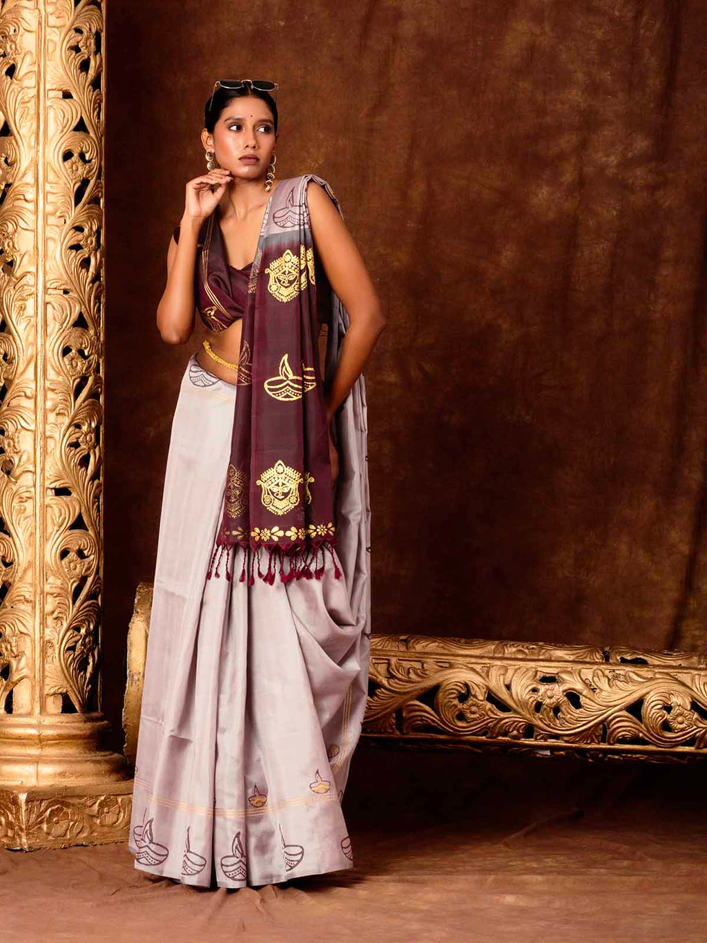 Flourish Women’s Saree – Handblock Print Illkal Silk Saree for Casual Wear