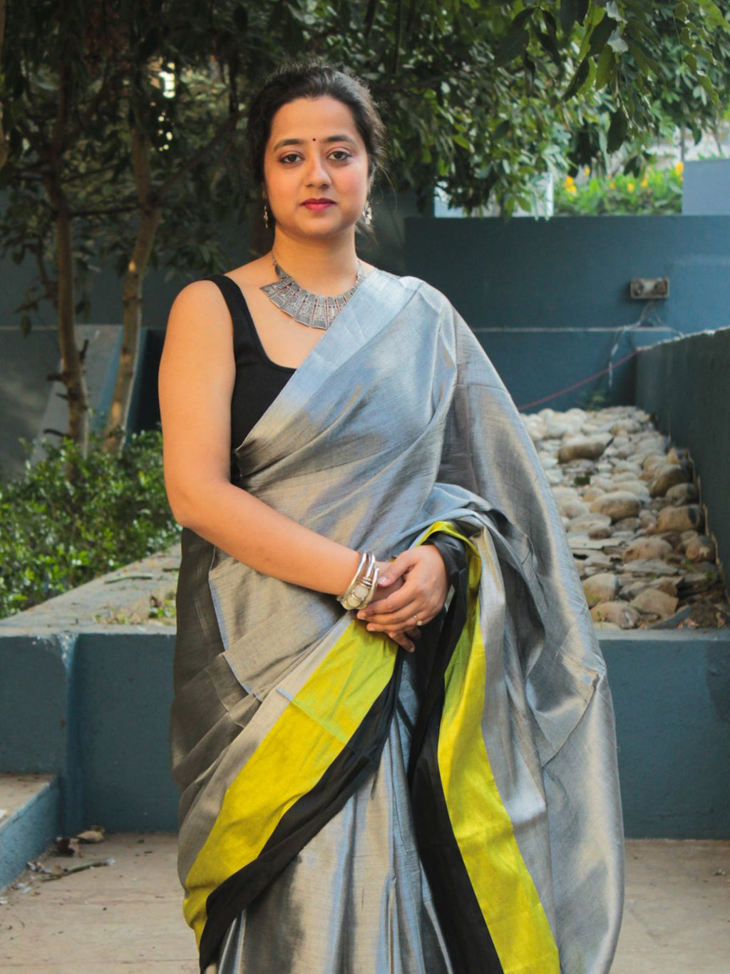 Shop Handwoven Steel Grey Mul Tissue Saree with Yellow & Black Border ...