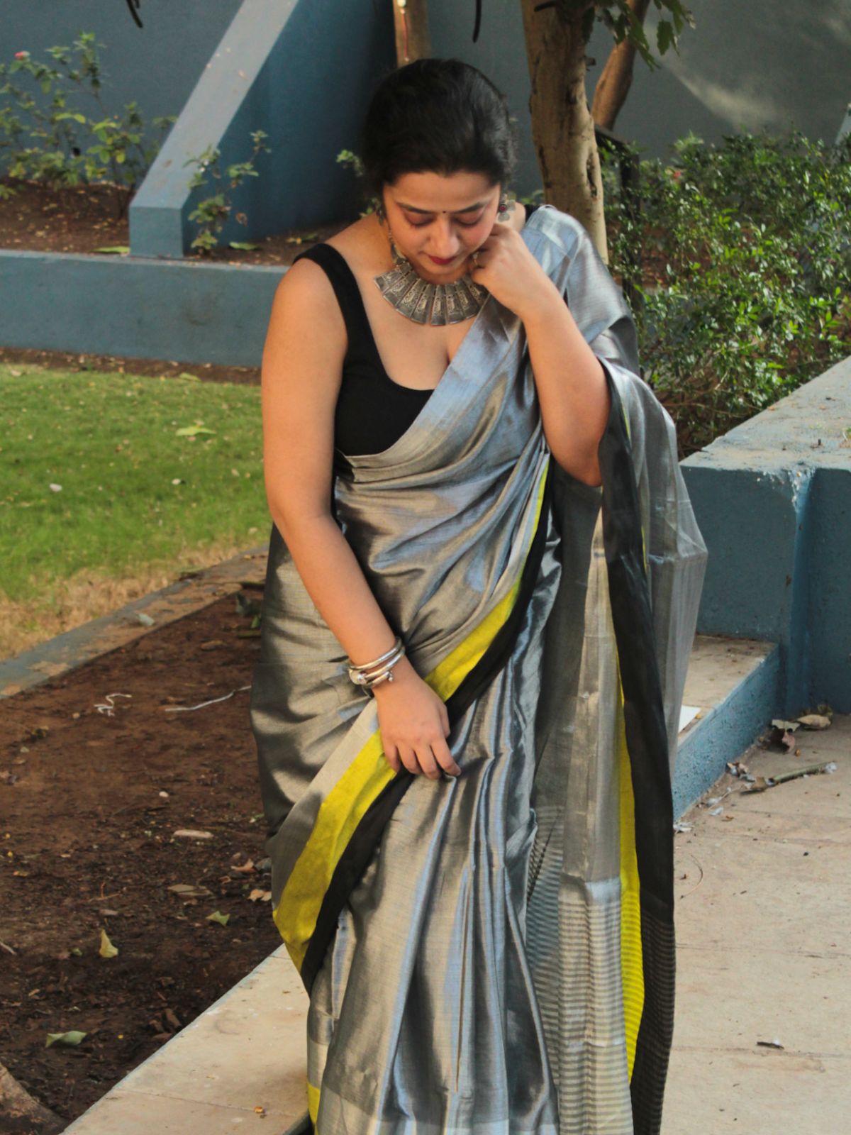 Shop Handwoven Steel Grey Mul Tissue Saree with Yellow & Black Border ...