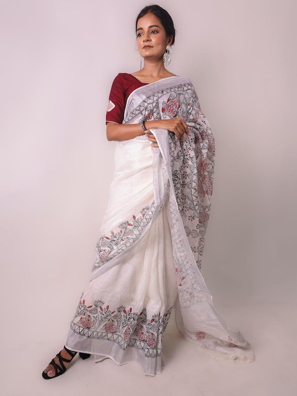 White Madhubani Linen Saree - Diorama – Flourish