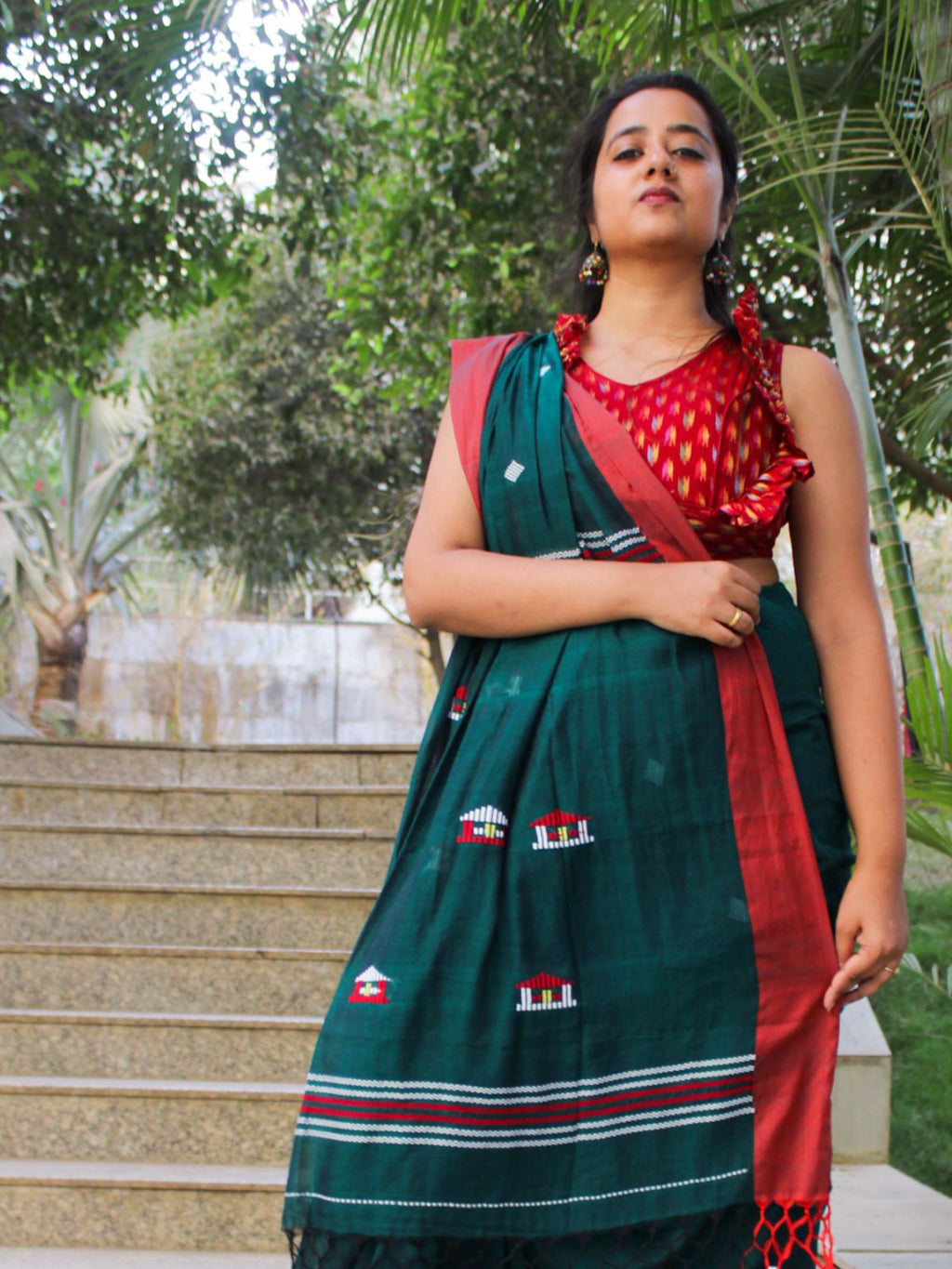 Elegant Dark Green Khadi Saree with Intricate Home Motif Embroidery ...