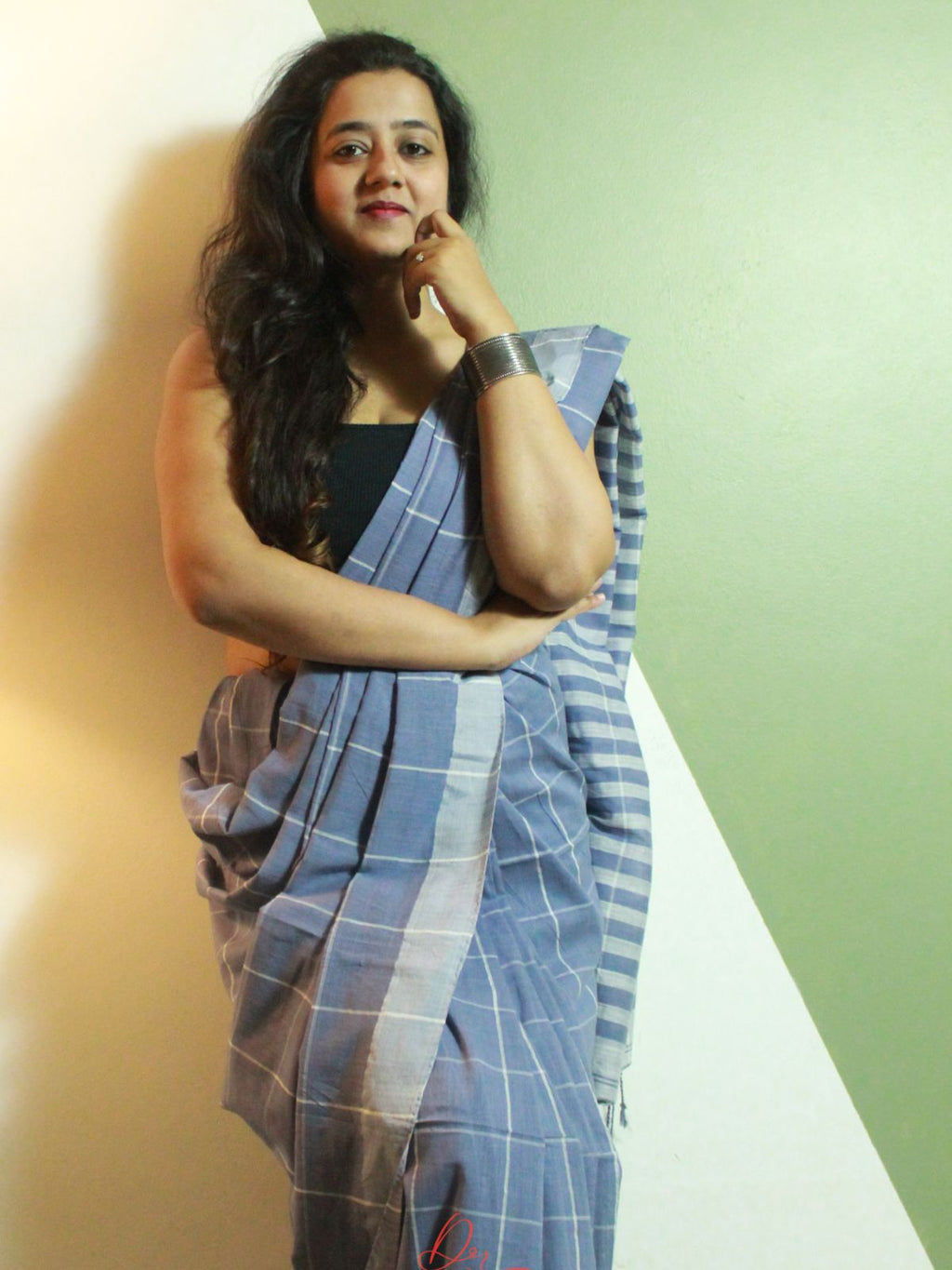 Handspun Grey Khadi Saree with White Checks - Elegant and Soft from ...
