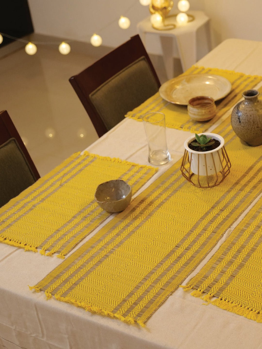 Handwoven Diamond Golden Yellow Madhurkathi Table Mat & Runner Set ...