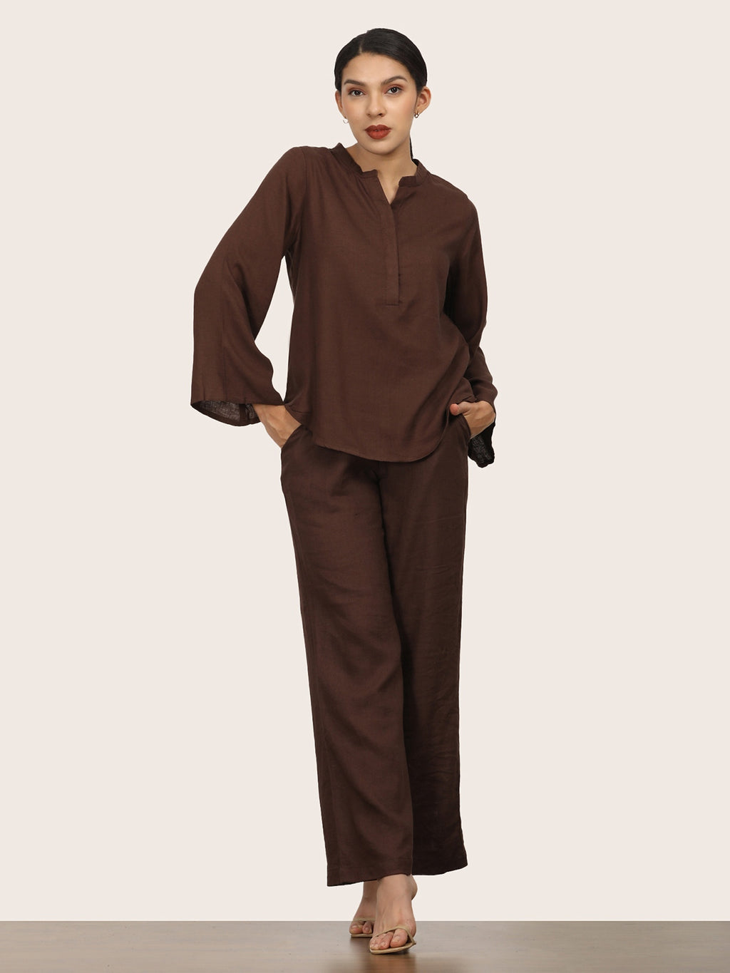 Shop Women Coord Sets at Flourish – Stylish Coffee Brown color Linen Co ...