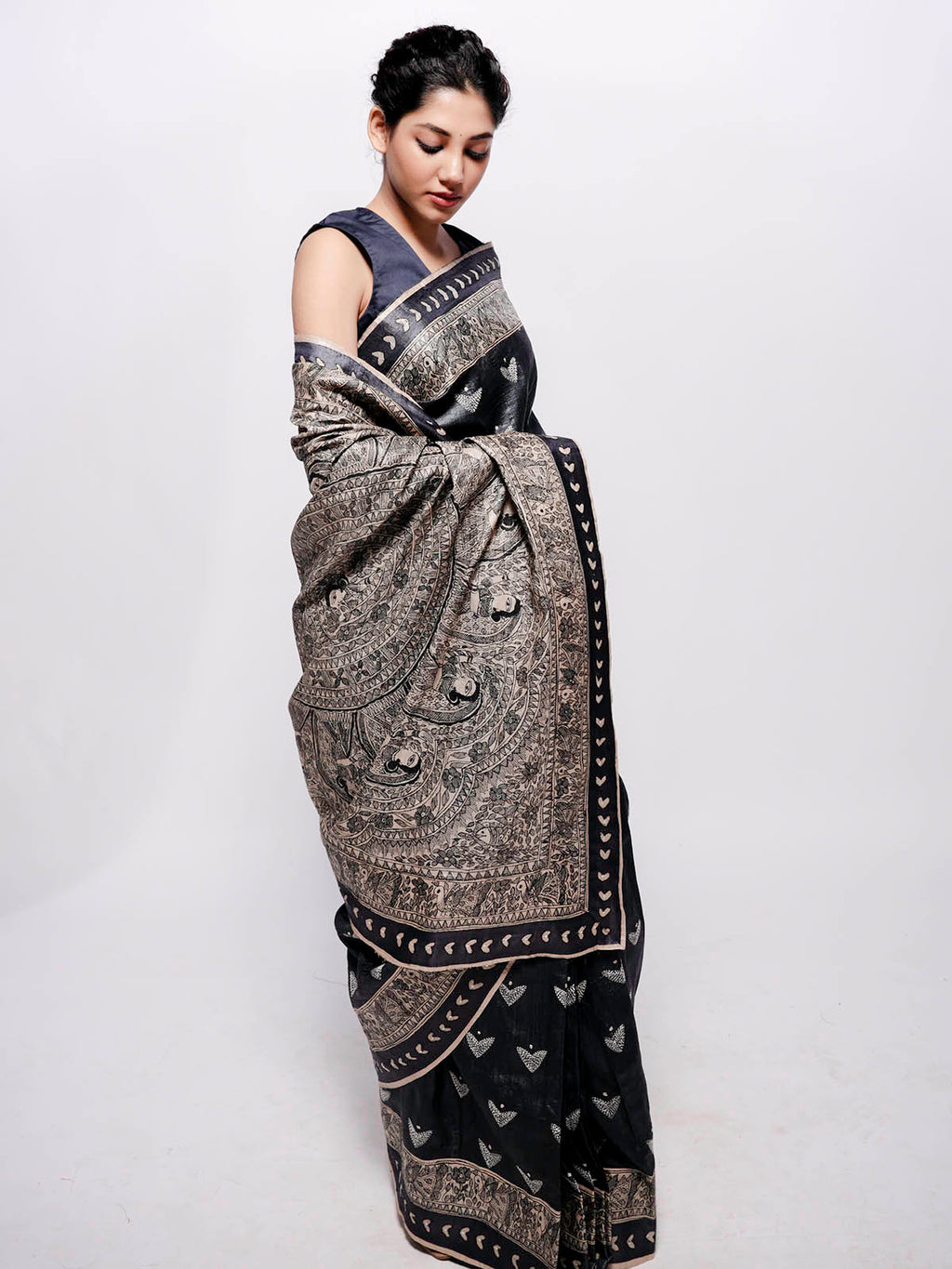 Black Madhubani Saree - Hand-Painted Traditional Indian Wear for Women ...