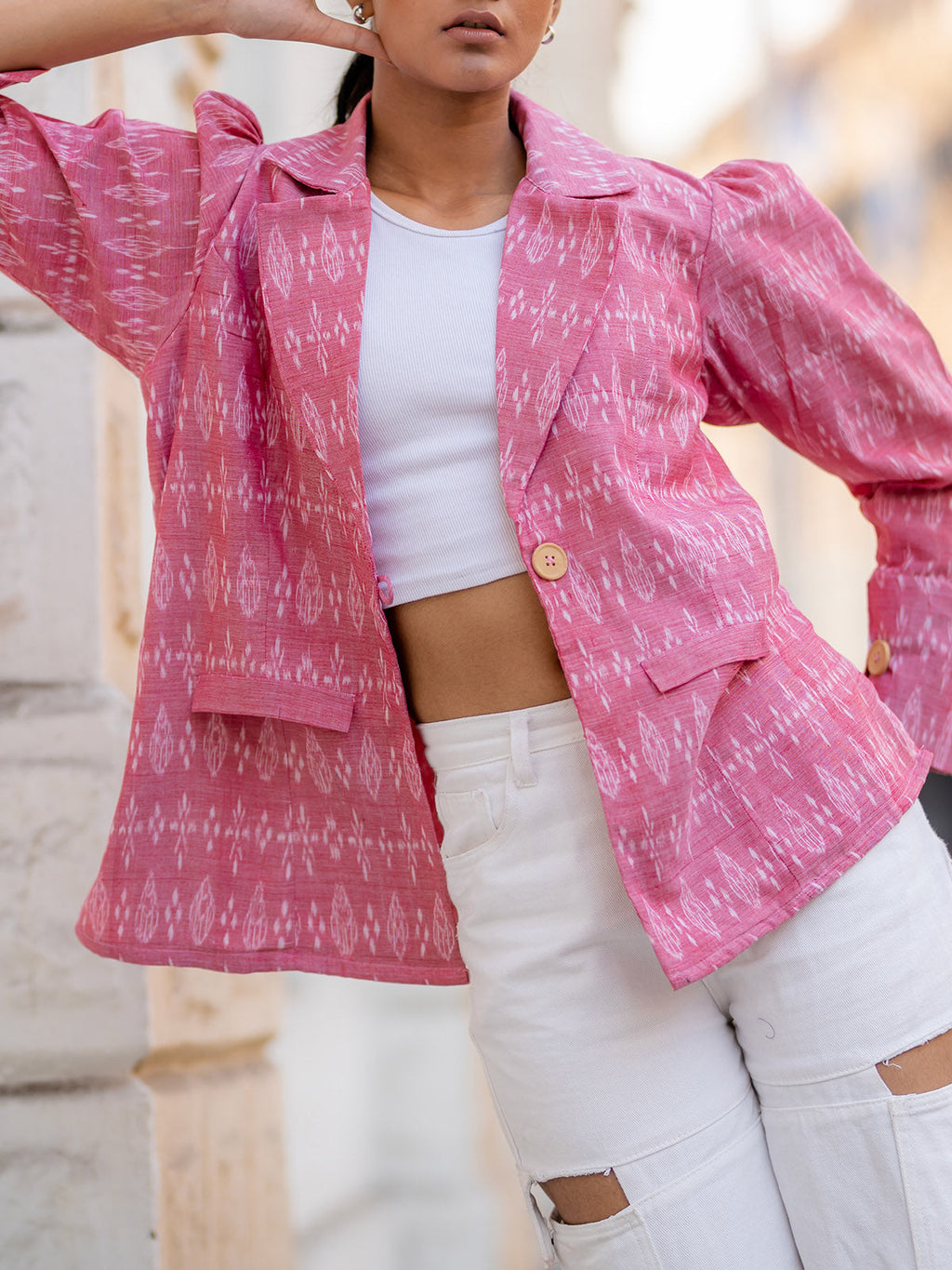 Eco-Chic Ikat Elegance: Puffed Sleeve Jacket at Flourish.