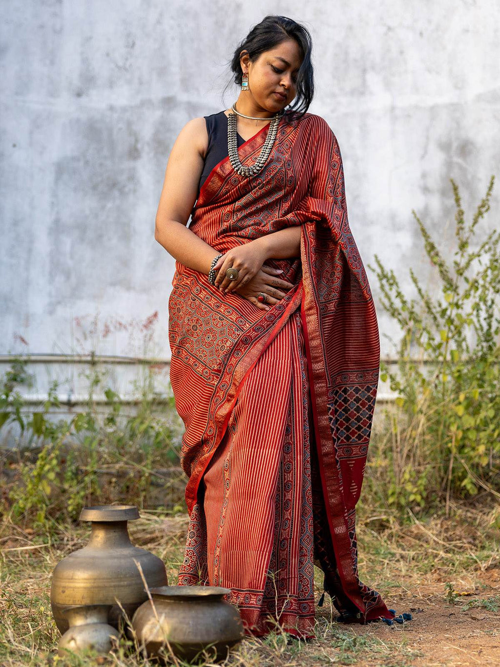 Flourish Women’s Saree – Silk Cotton Ajrakh on Handwoven Maheshwari ...