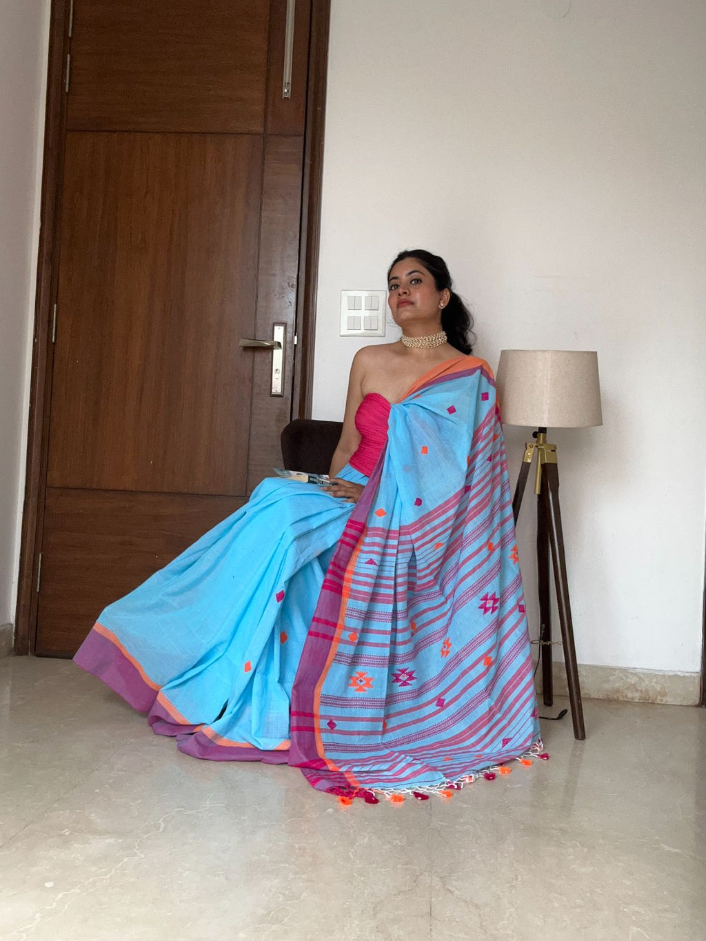 Hand Spun Light Sky Blue Khadi Saree with Geometrical Embroidery from ...