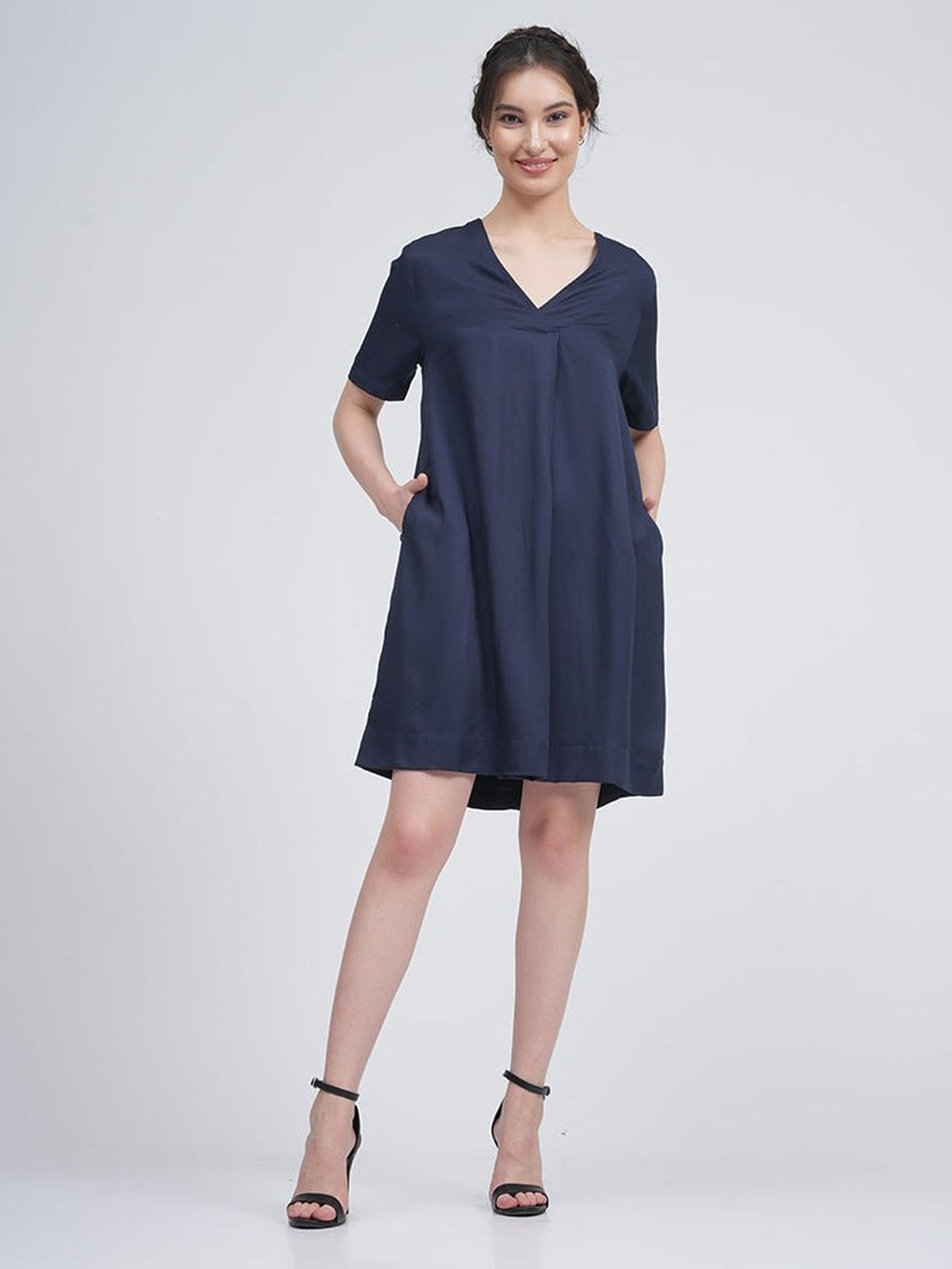 Shop Women Dresses at Flourish – Solid Modal Front Pleat Dress Navy for ...