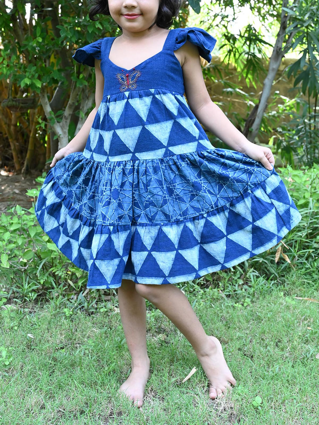Buy Natural Indigo Printed Girls Butterfly Frock Online